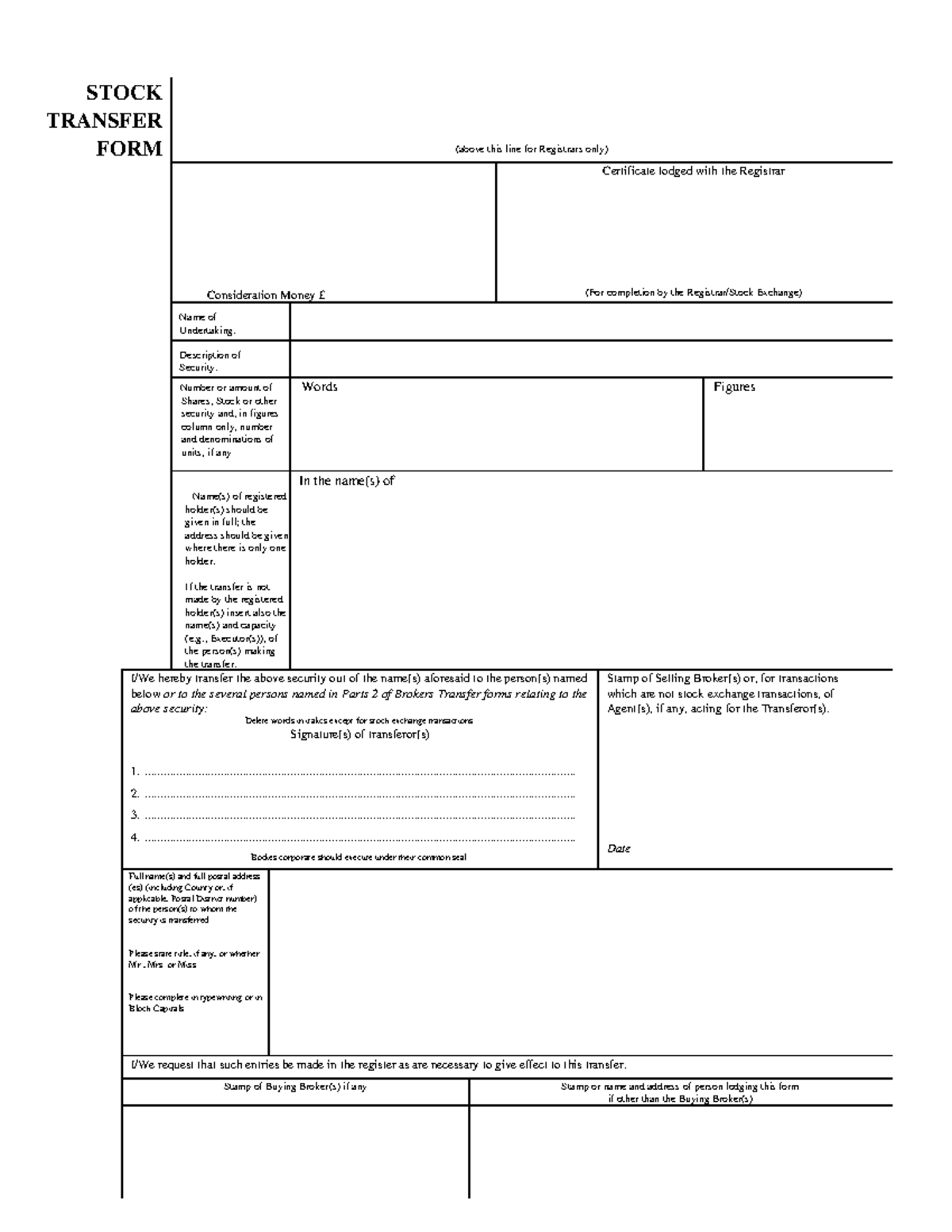 Blank Stock Transfer Form - STOCK TRANSFER FORM (above this line for ...