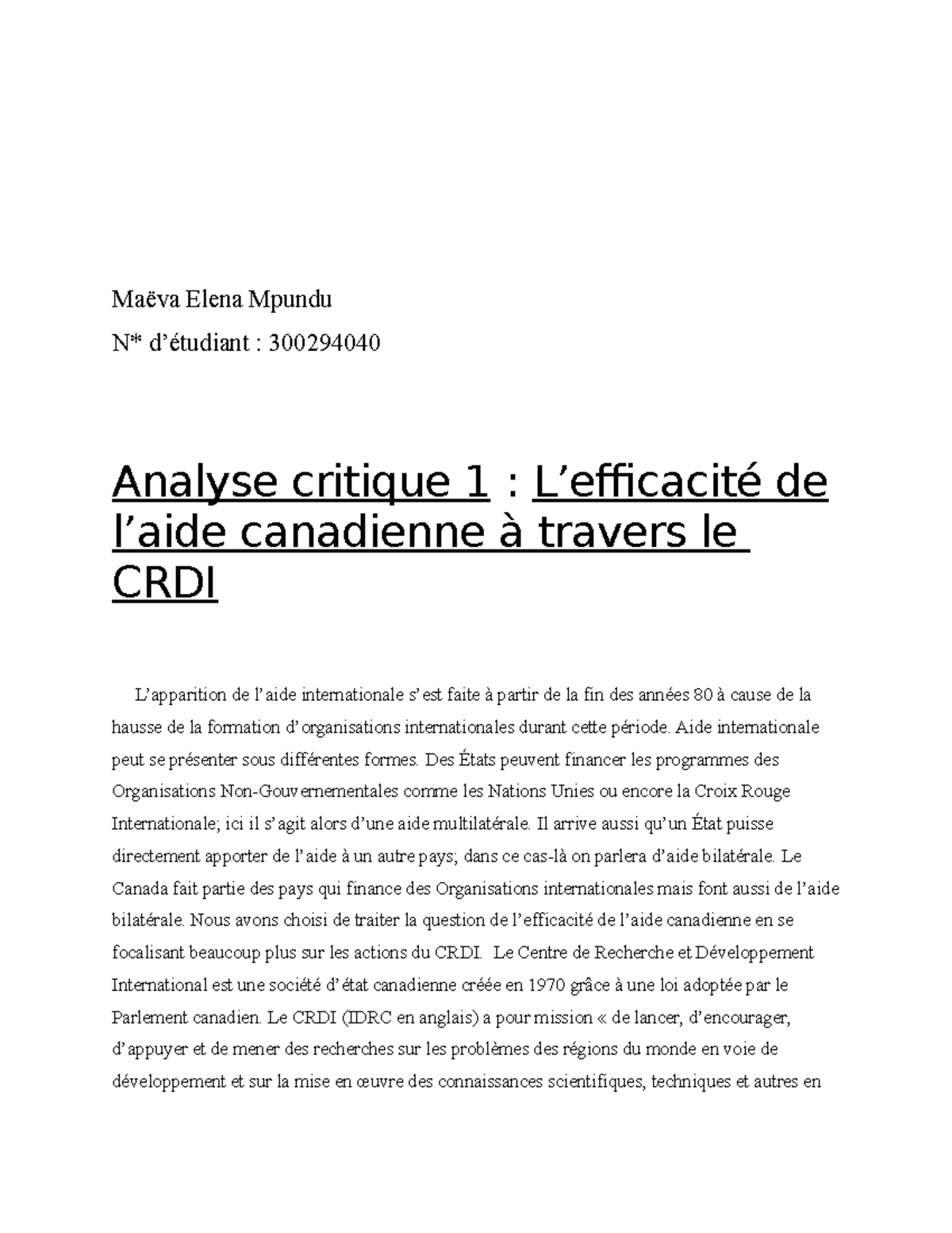 Analyse critique DVM1500 - Maëva Elena Mpundu N* d’étudiant : 300294040 ...