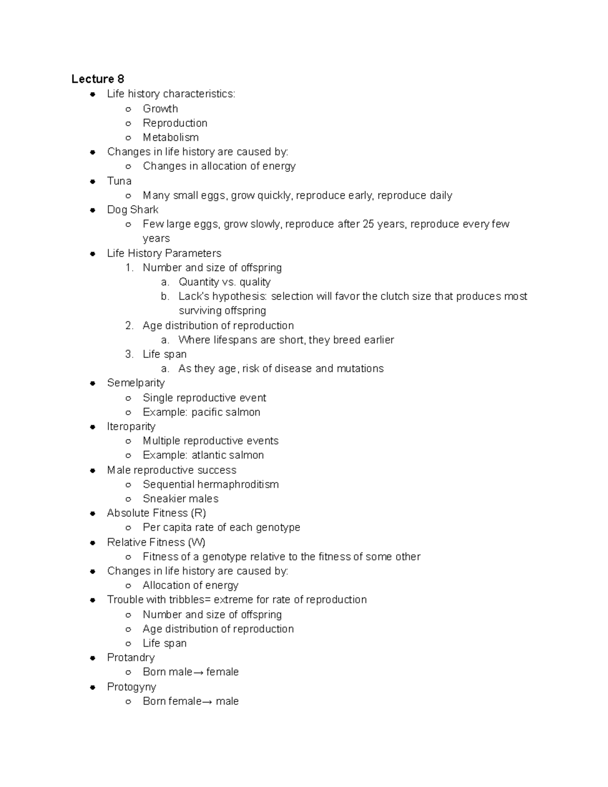 Evolution Lecture 8+10 - Lecture 8 Life history characteristics: Growth Reproduction - Studocu