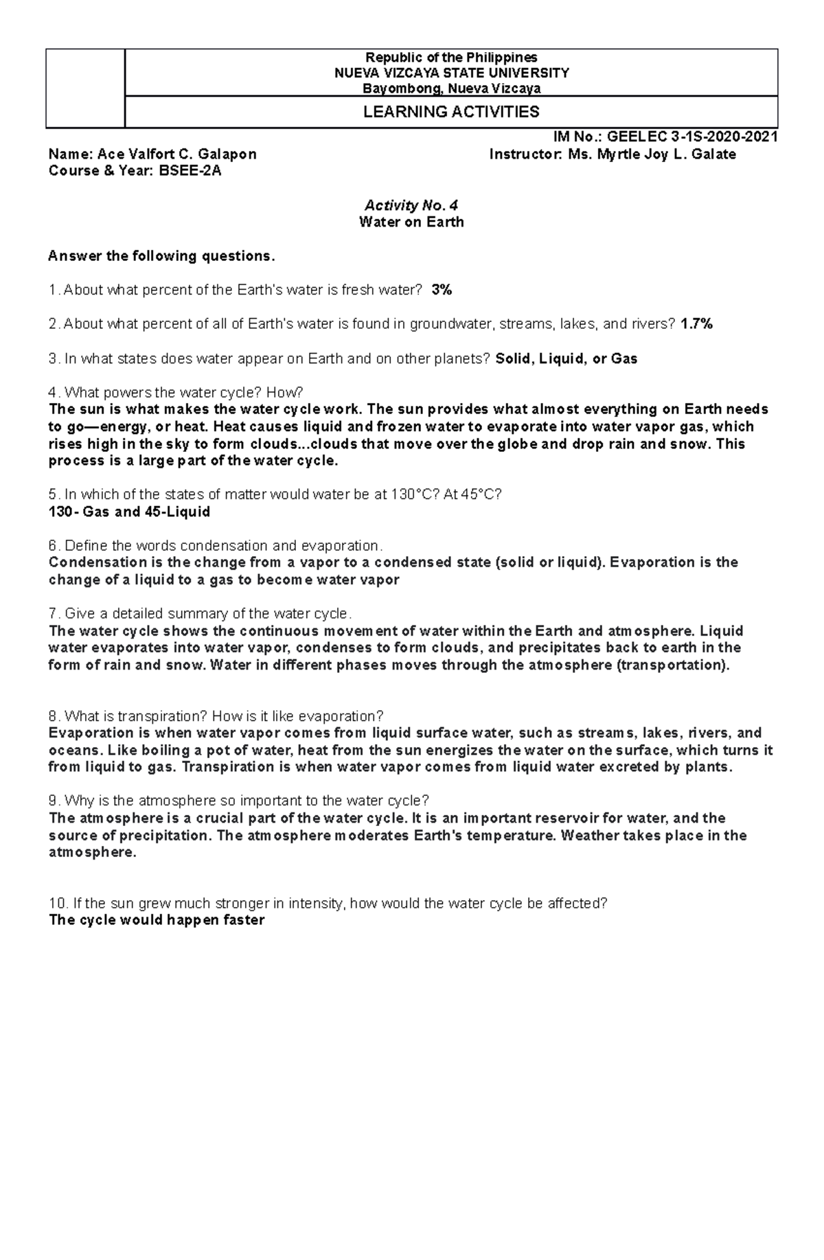 Activity No 4 - Activities on the subject People and Earth's Ecosystem ...