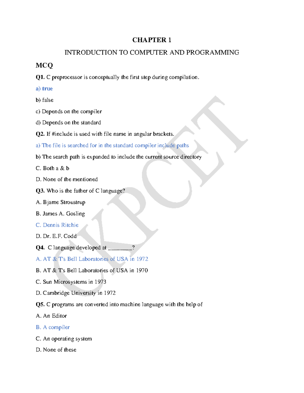 Objective Question on Basic programming - CHAPTER 1 INTRODUCTION TO ...