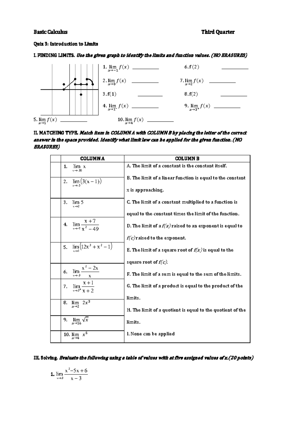 Basic Calculus Quiz Worksheet Basic Calculus Third Quarter Quiz 3