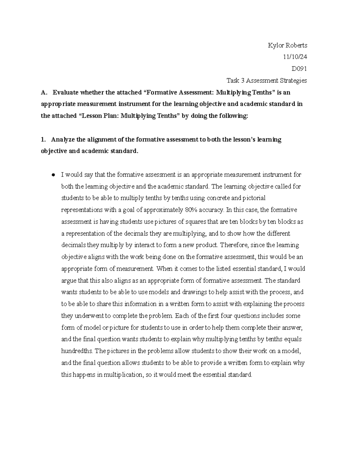 D091 Task 3 Assessment Strategies - Kylor Roberts 11/10/ D Task 3 Assessment Strategies A ...