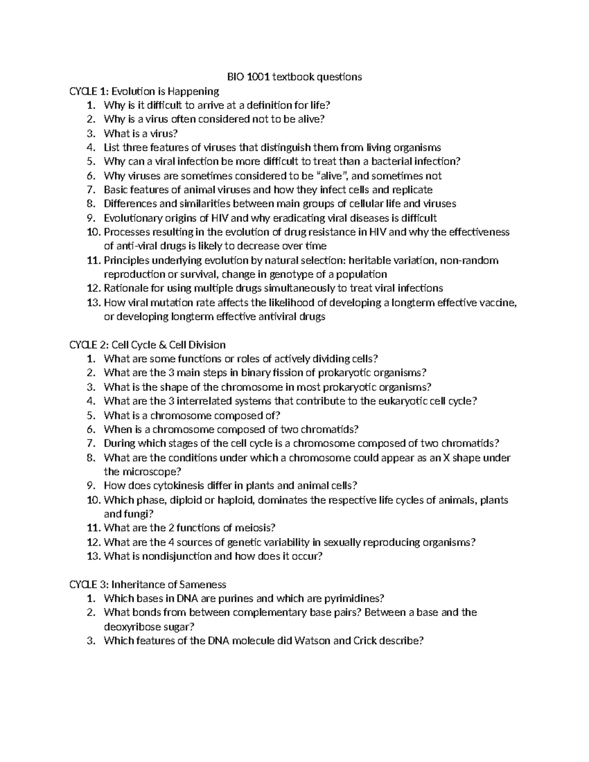 BIO 1001 practice questions - BIO 1001 textbook questions CYCLE 1 ...