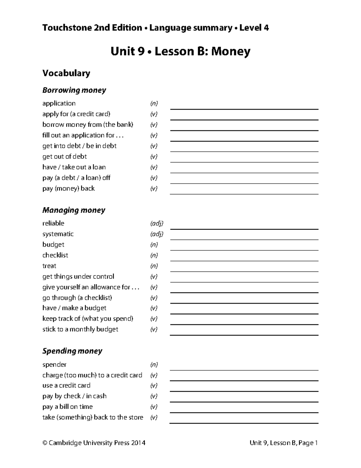 Unit 9 Vocabulary - Para examen - Touchstone 2nd Edition • Language ...