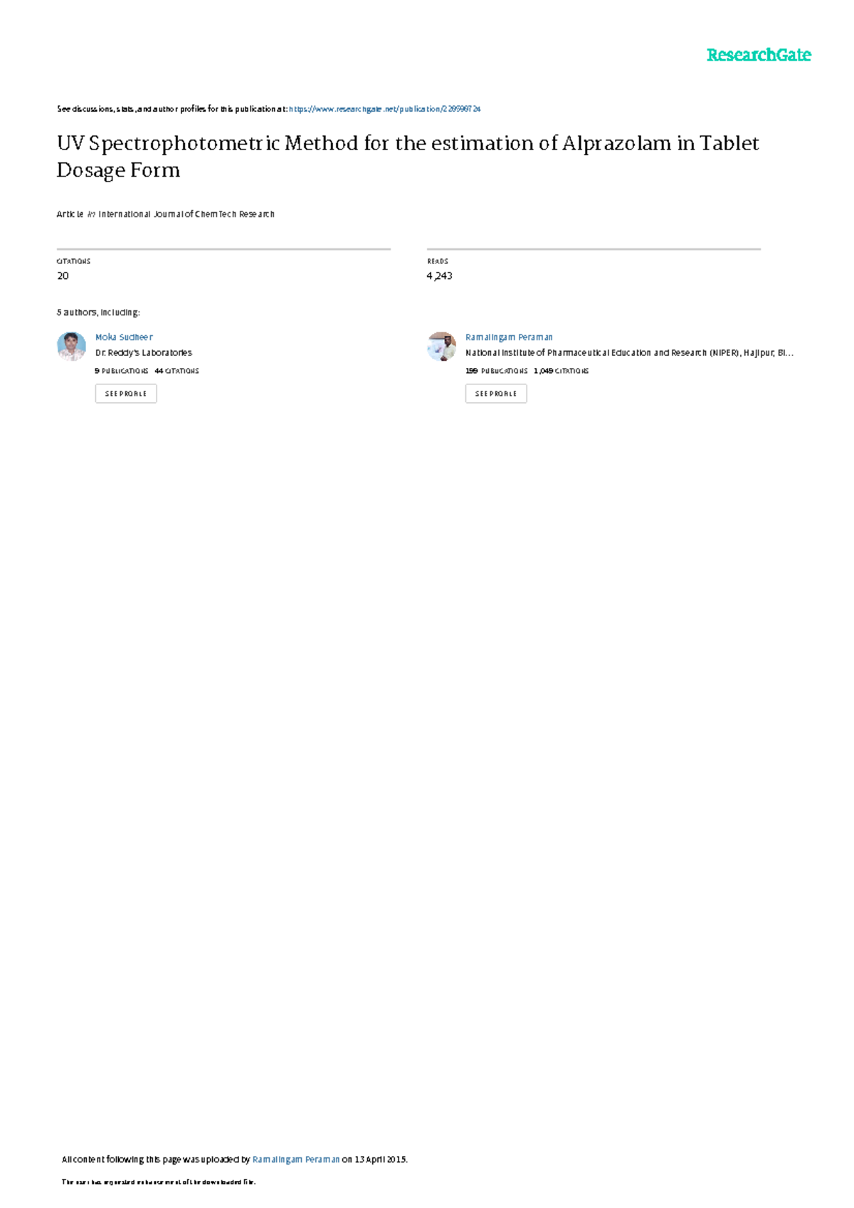 Uv Spectrophotometric Method For The Estimation Of See Discussions Stats And Author Profiles