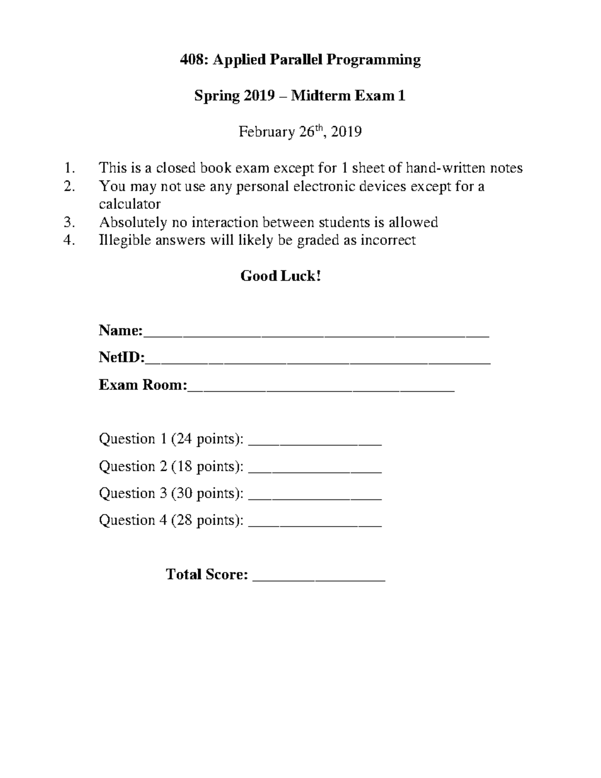 Ece408 Sp19 Exam1 Solution V2 408 Applied Parallel Programming Spring 2019 Midterm Exam 1 4802