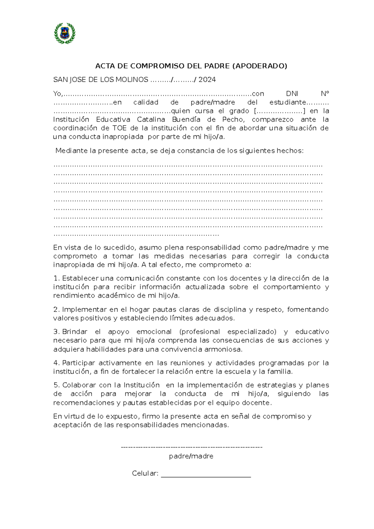 ACTA DE Compromiso DEL Padre - ACTA DE COMPROMISO DEL PADRE (APODERADO) SAN JOSE DE LOS MOLINOS ...