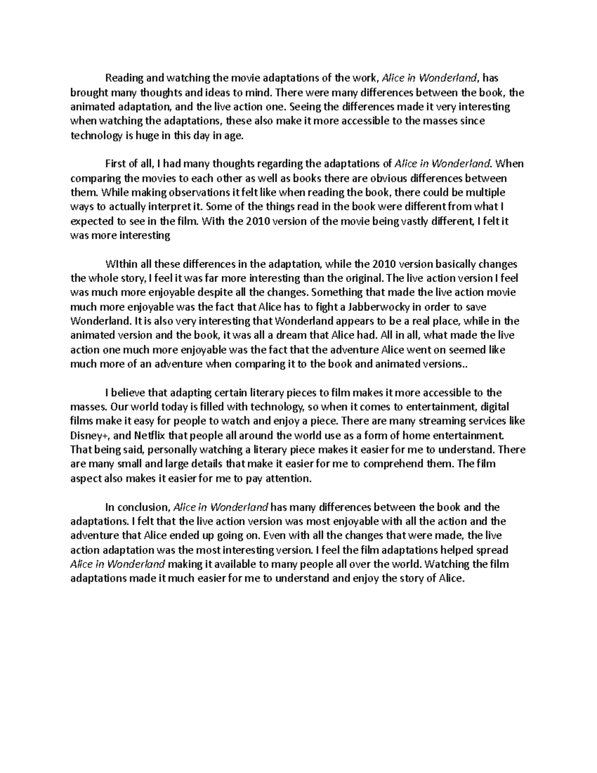 Alice in Wonderland Comparison Essay - Reading and watching the movie ...