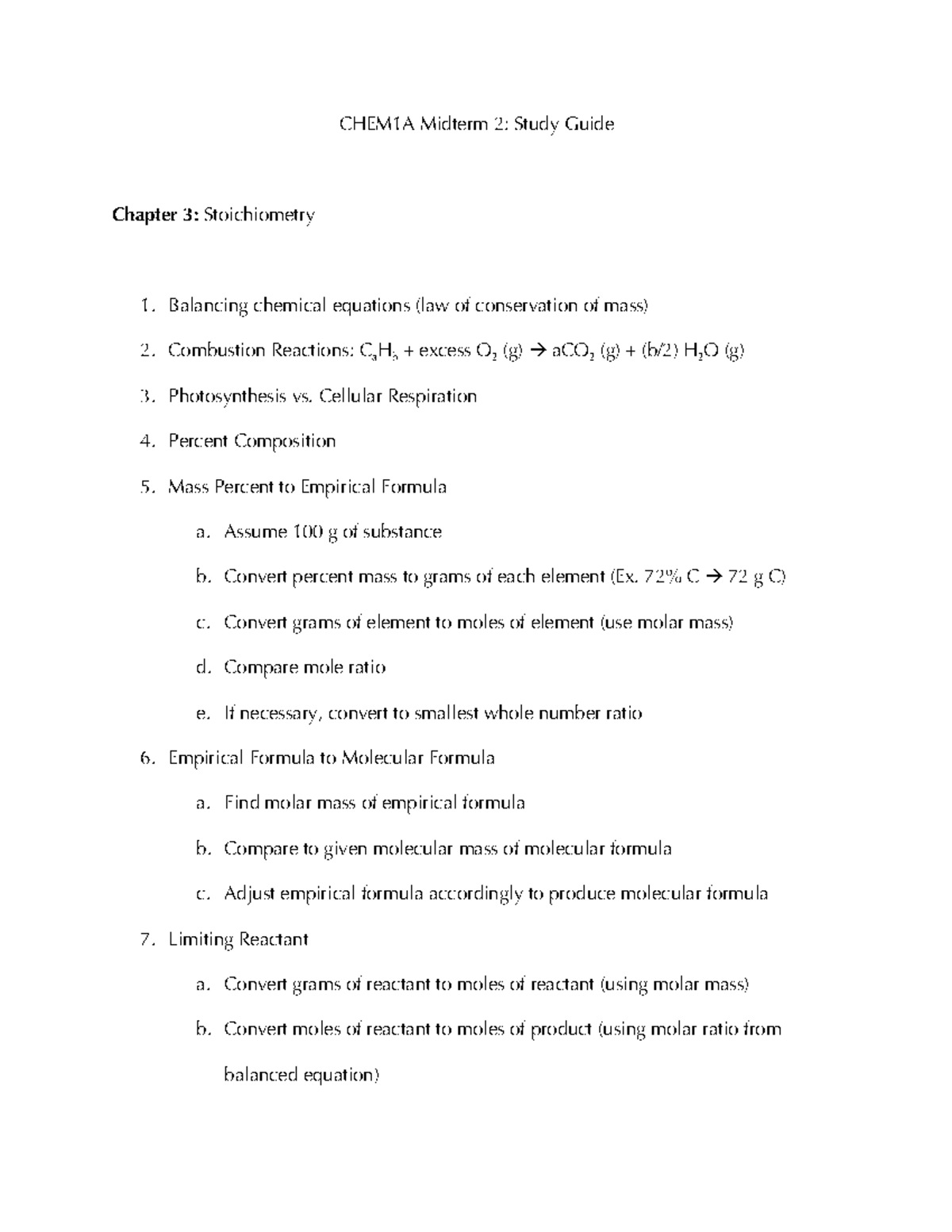 CHEM1A Midterm 2 Study Guide - Balancing chemical equations (law of ...