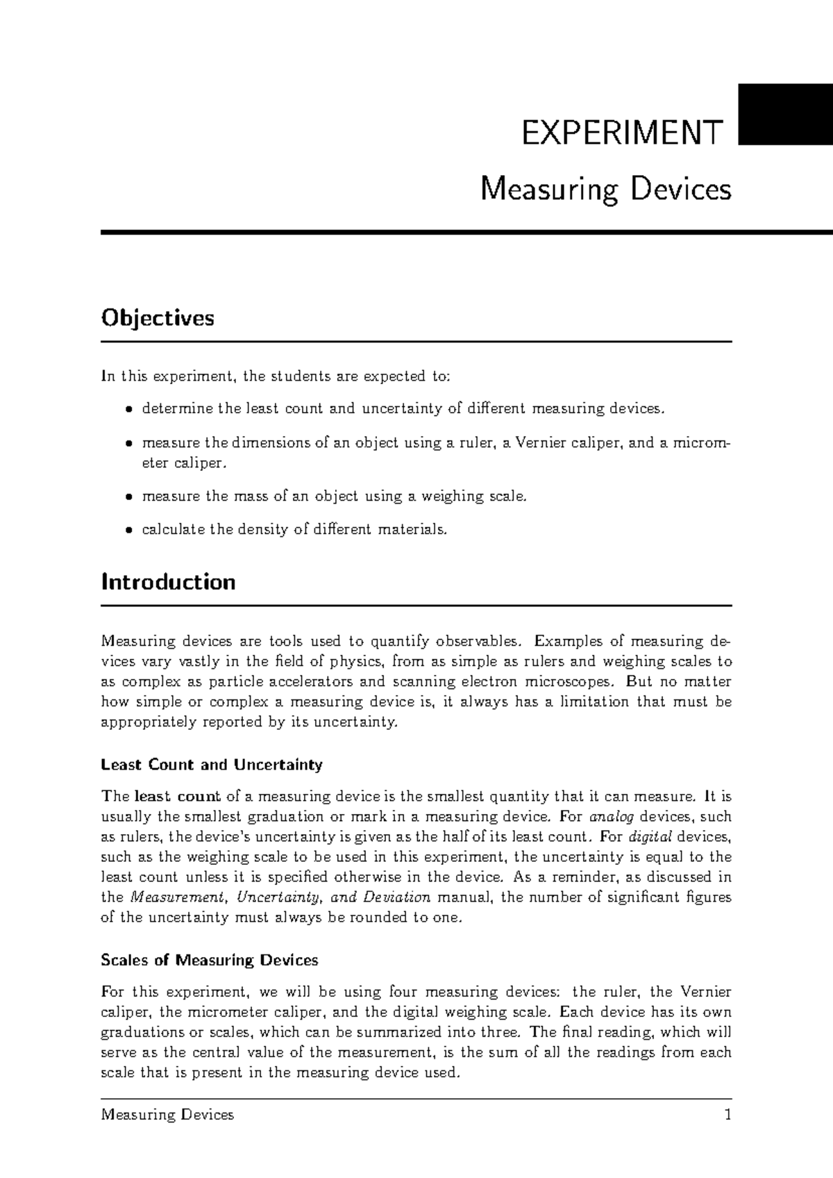 Measuring Devices Set A - EXPERIMENT Measuring Devices Objectives In ...