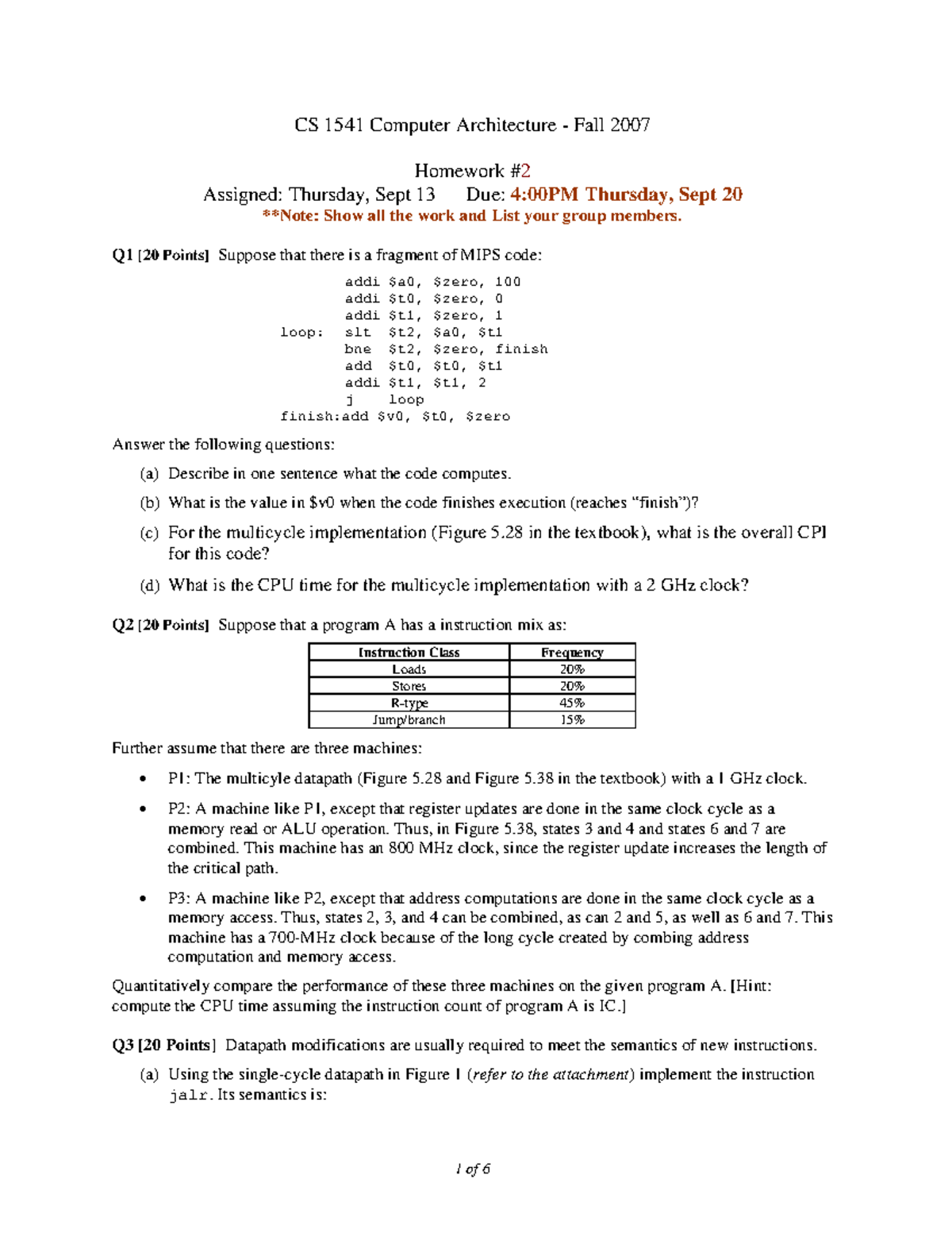 Data control - Homework - CS 1541 Computer Architecture - Fall 2007 Homework # 2 Assigned ...