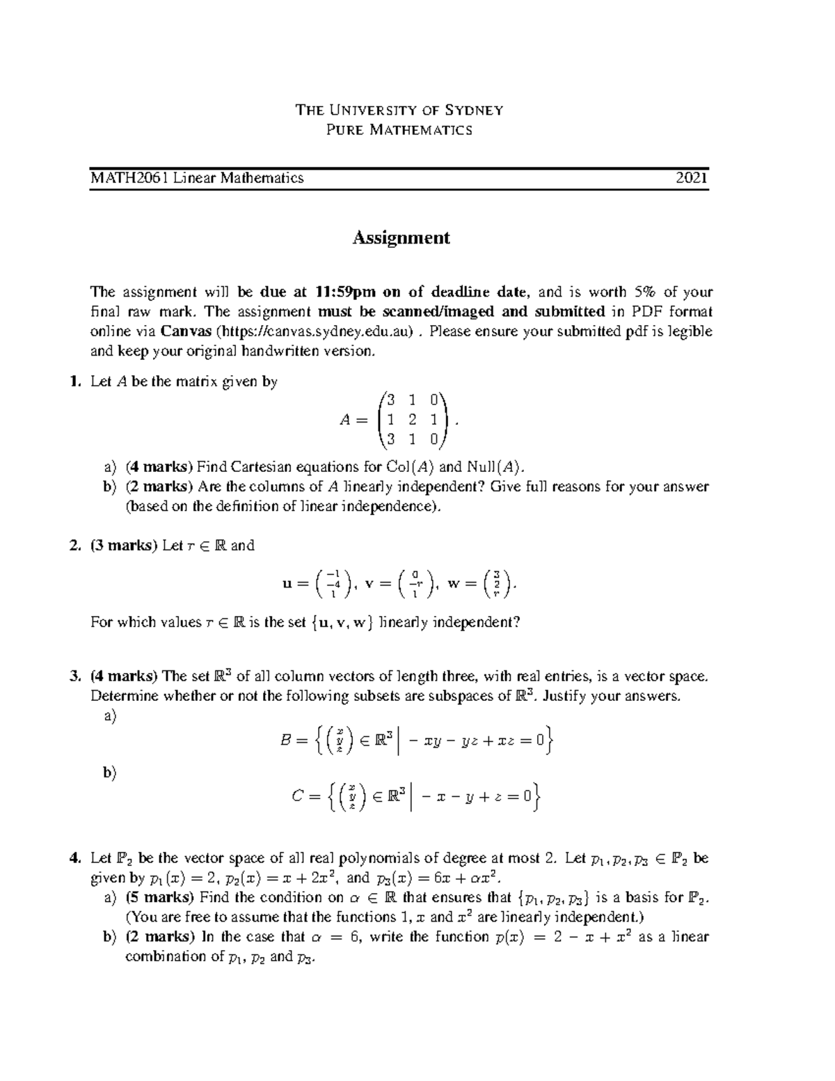 MATH2061 Assignment 1 Linear Algebra Sem 1 2021 - THEUNIVERSITY ...