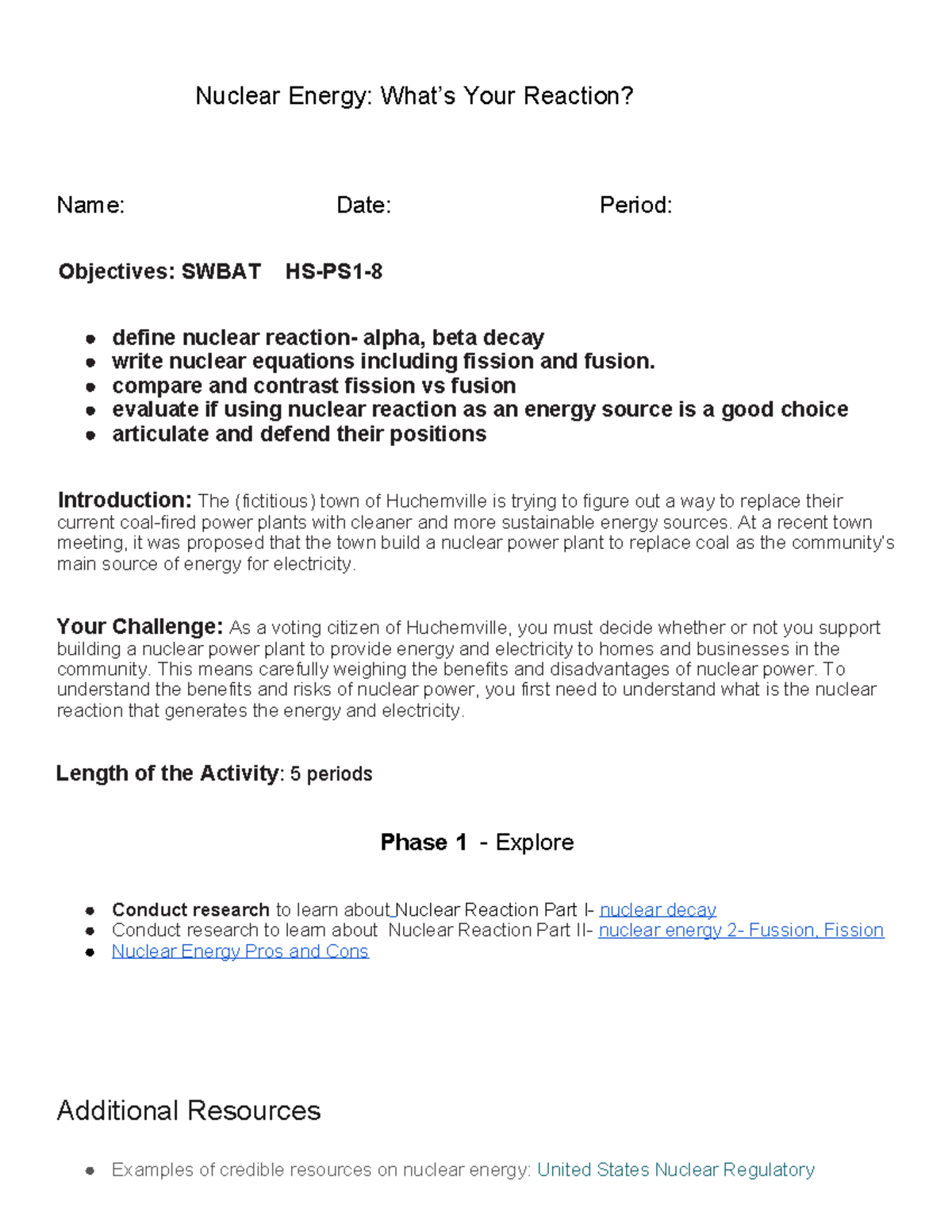 Nuclear Energy Activity - Nuclear Energy: What’s Your Reaction? Name ...