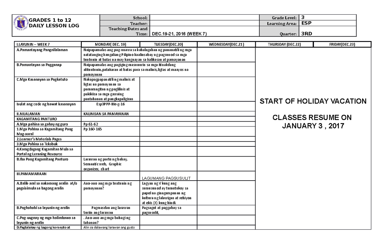Grade 3 DLL ESP 3 Q3 Week 7 - GRADES 1 to 12 DAILY LESSON LOG School ...
