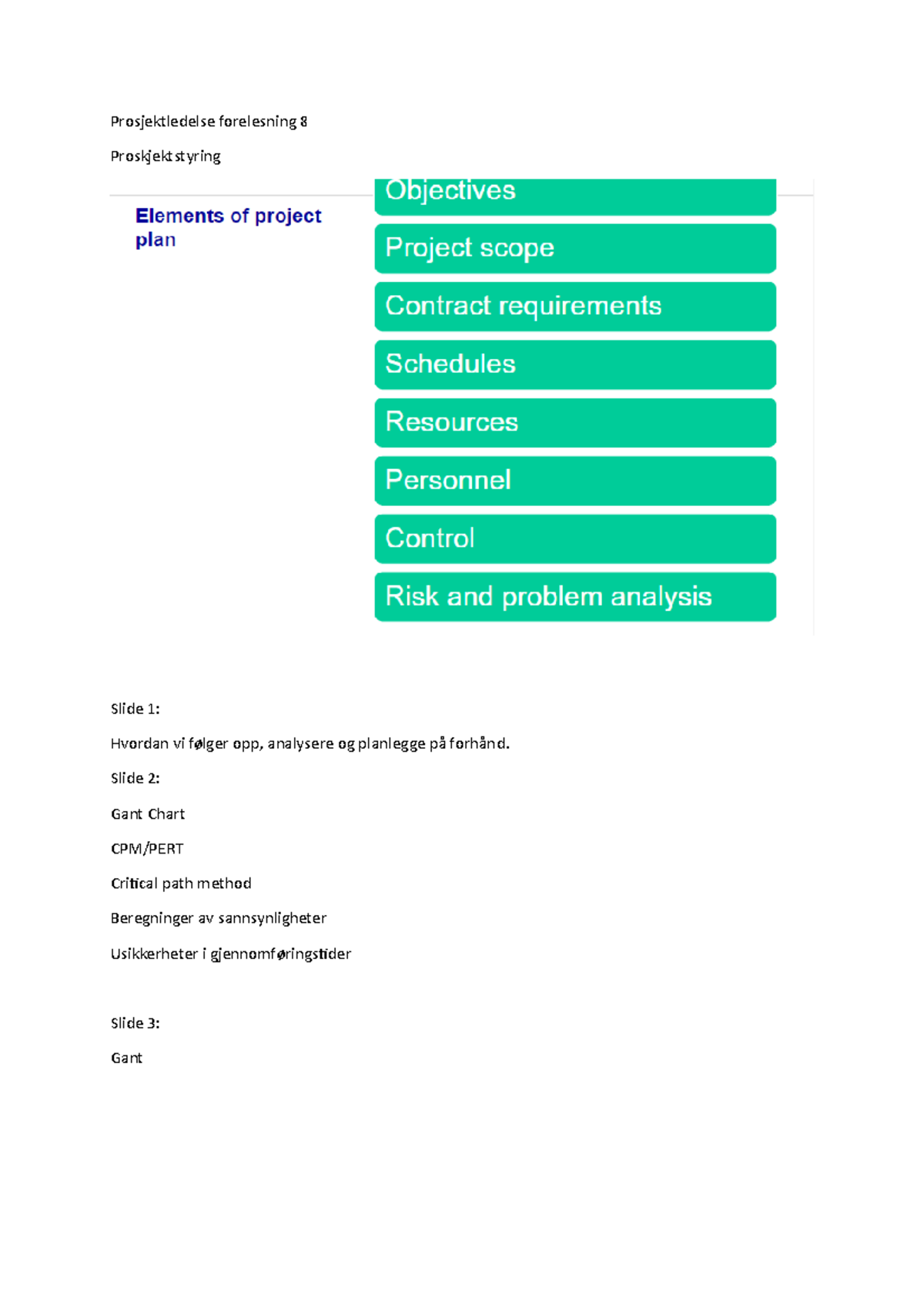Prosjektledelse forelesning 8 - Slide 2: Gant Chart CPM/PERT Critical path method Beregninger av ...
