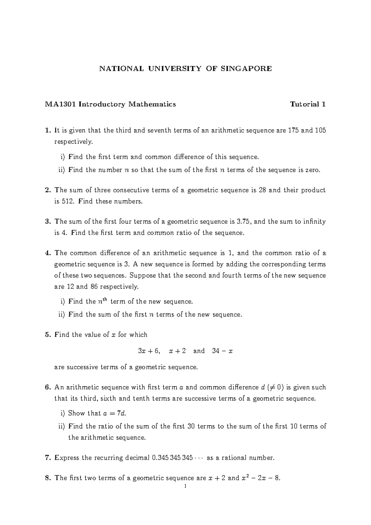 MA1301-Tutorial 1 - tutorial 1 answers - NATIONAL UNIVERSITY OF ...