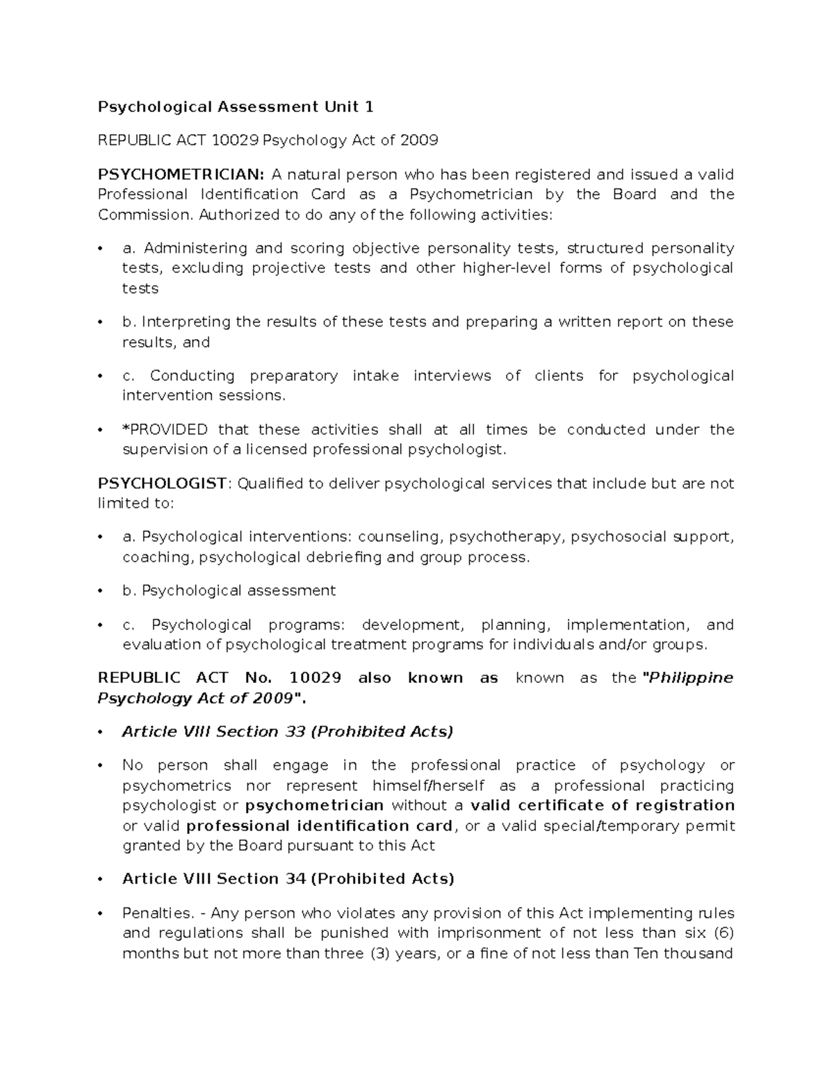Psychological Assessment Unit 1 - Authorized to do any of the following ...