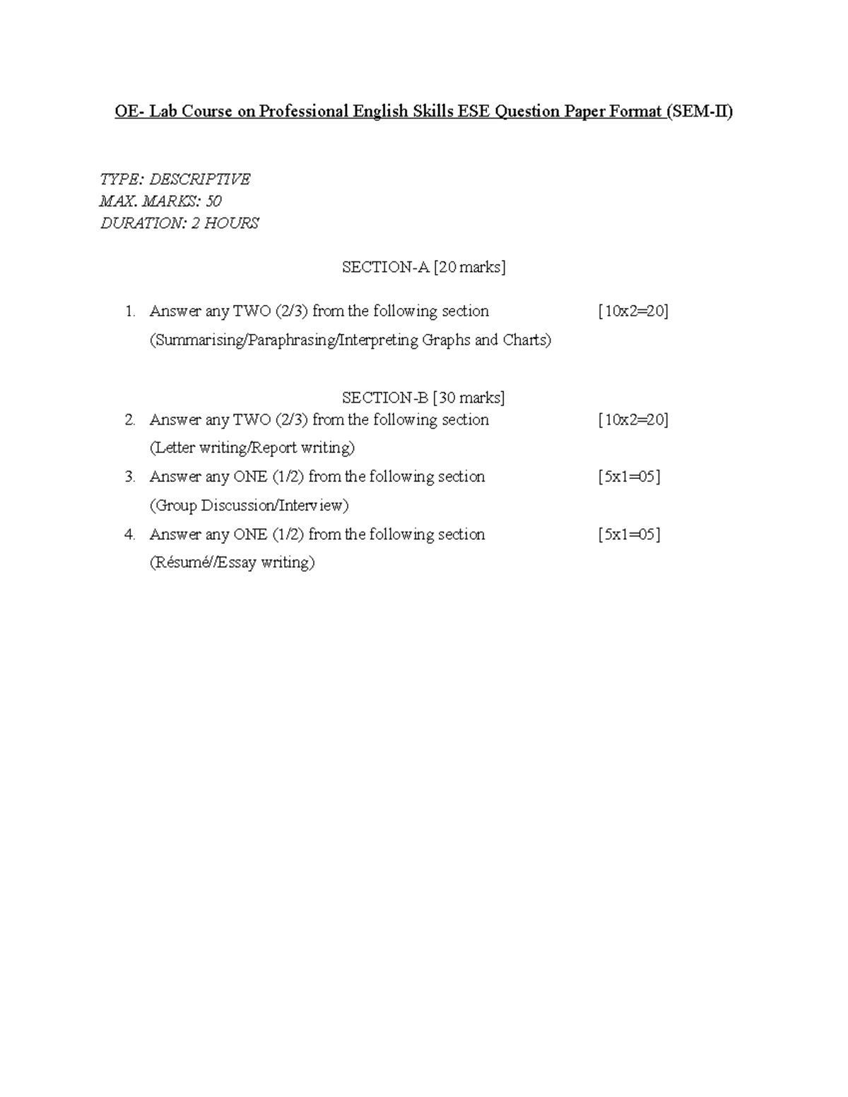 OE ESE Question Paper Pattern SEM II - OE- Lab Course on Professional ...