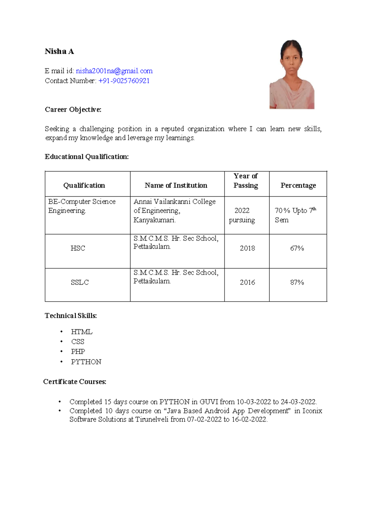A Nisha Resume - deaf - Nisha A E mail id: nisha2001na@gmail Contact ...
