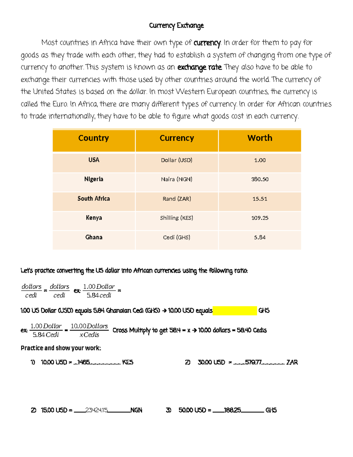 Copy of 7SS - 38c - william's Africa Currency Exchange Worksheet LMT ...