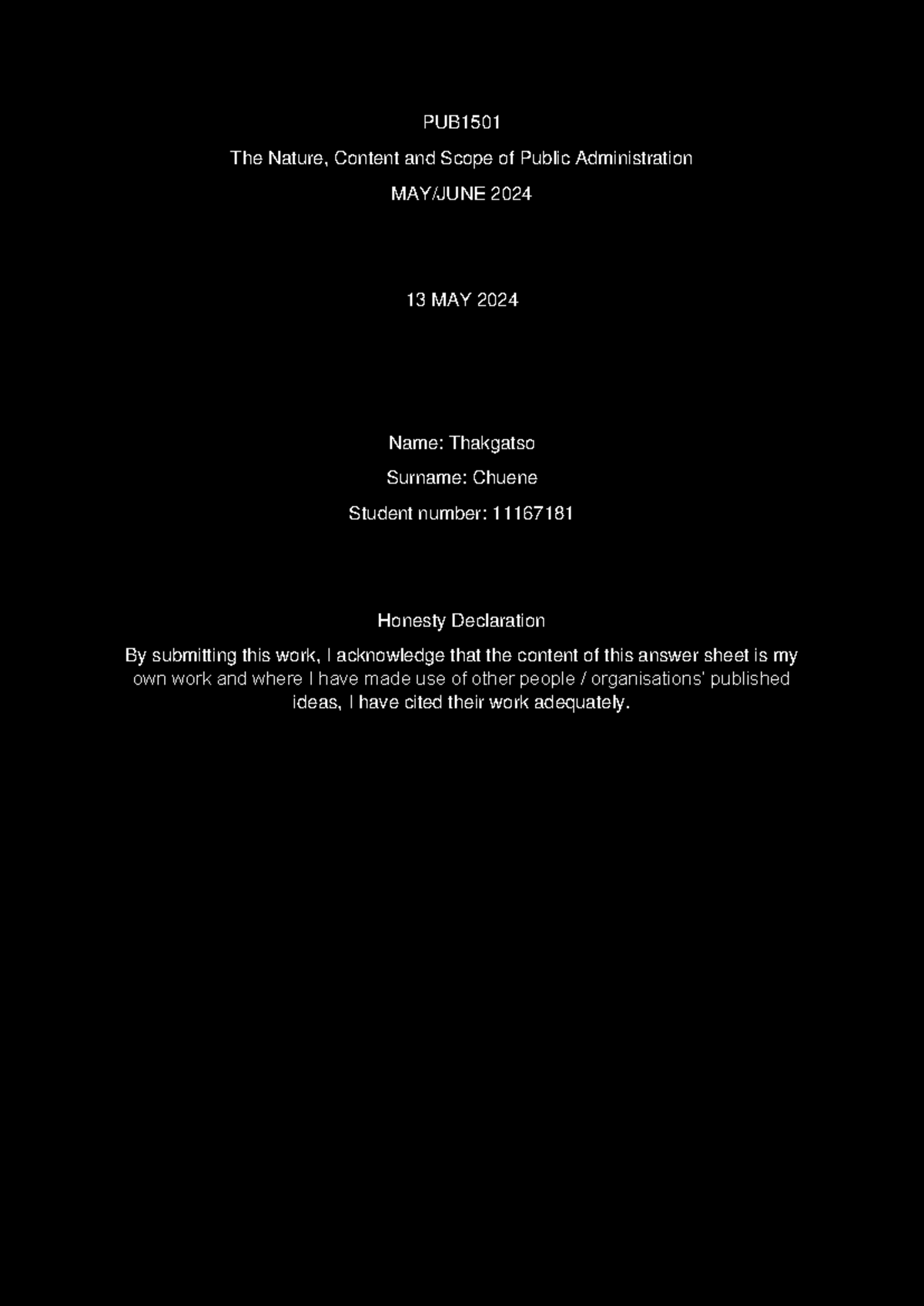 Answer sheet sample PUB1501 - PUB The Nature, Content and Scope of ...