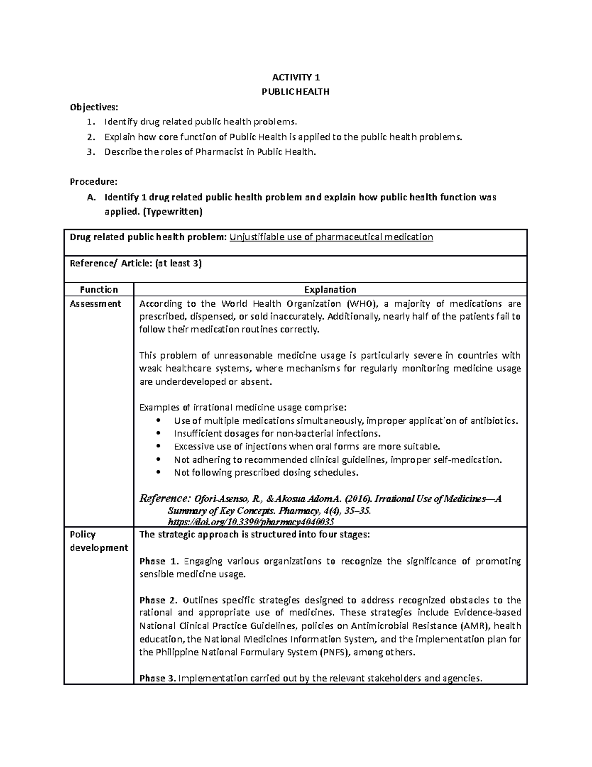 Pob - NOTES - ACTIVITY 1 PUBLIC HEALTH Objectives: 1. Identify drug ...