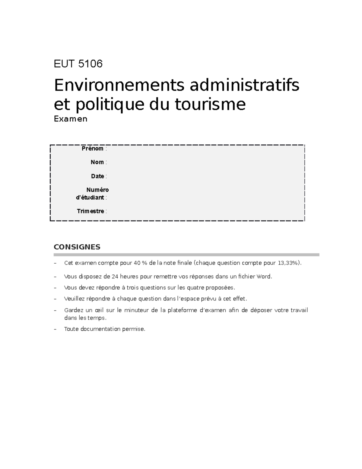 EUT5106 Exam - exam prep - EUT 5106 Environnements administratifs et ...