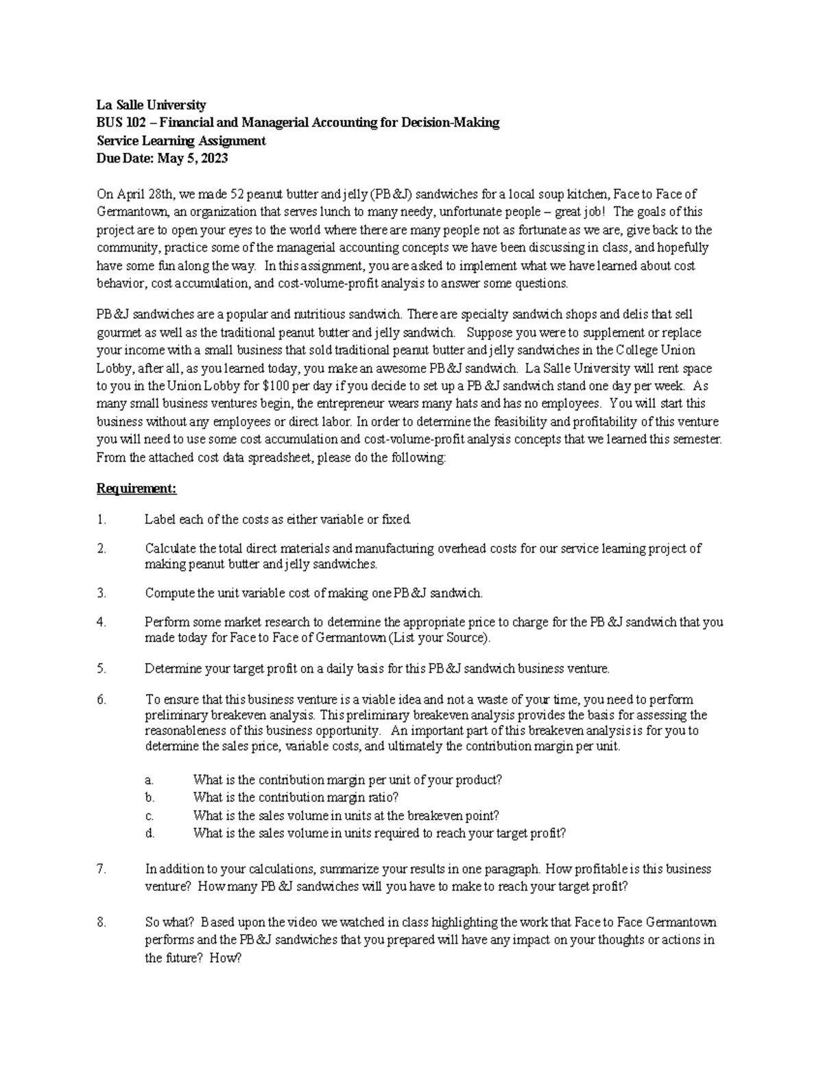 PB&J Service Learning Assignment Spring 2023 - La Salle University BUS 102 – Financial and - Studocu