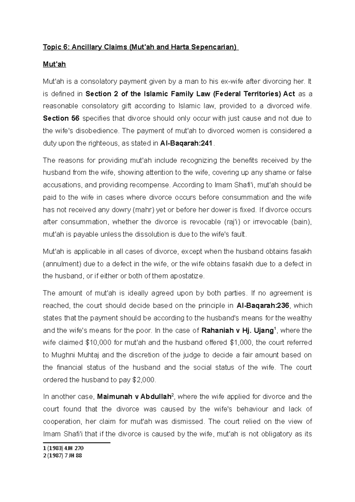 Topic 6 Ancillary Claims (Mut'ah and Harta Sepencarian) Full Notes ...