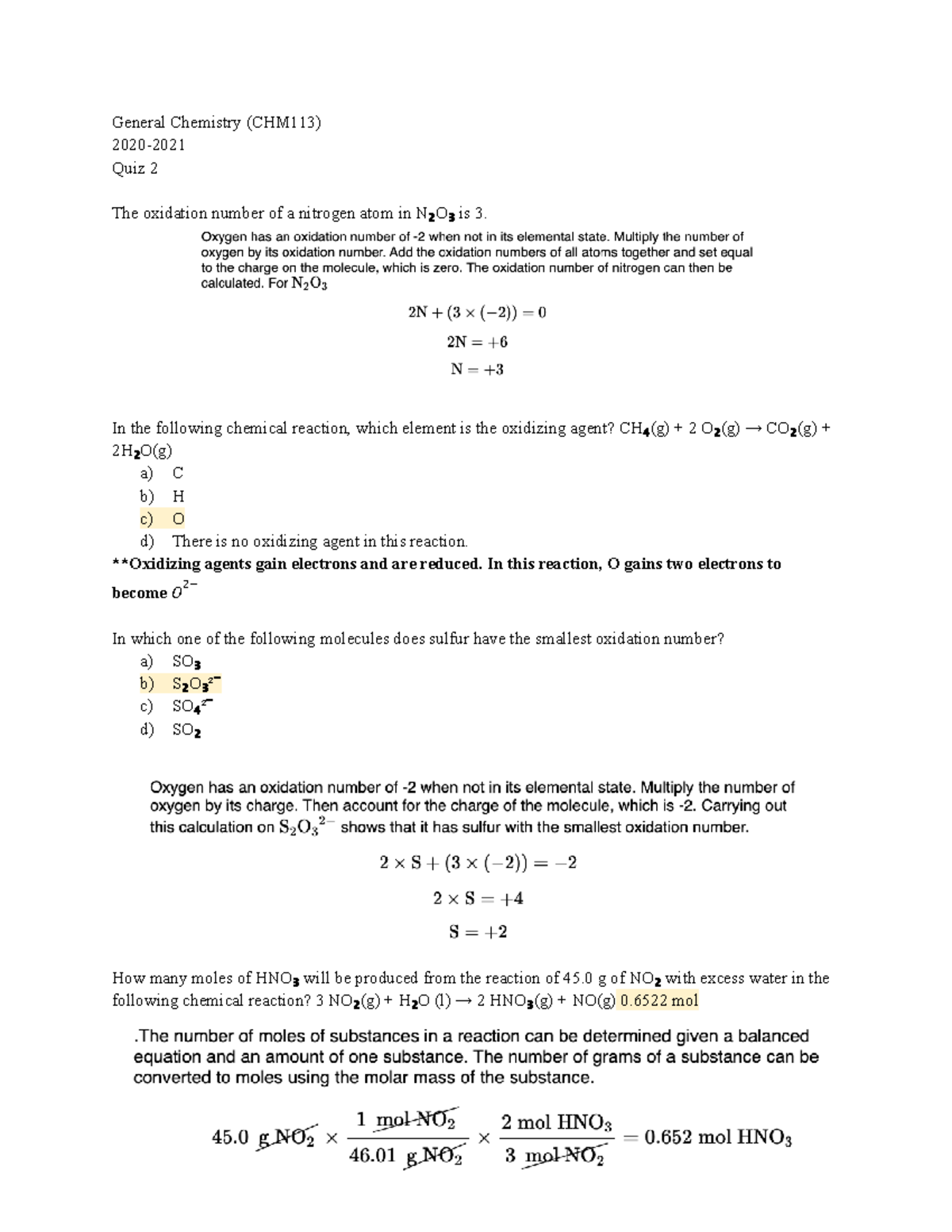 CHEM- Quiz 2 - Part 1 - Exam questions - General Chemistry (CHM113 ...