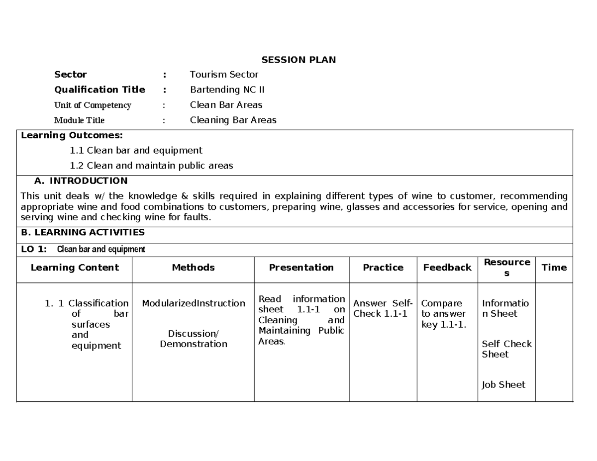 Session PLAN bartending - SESSION PLAN Sector : Tourism Sector ...
