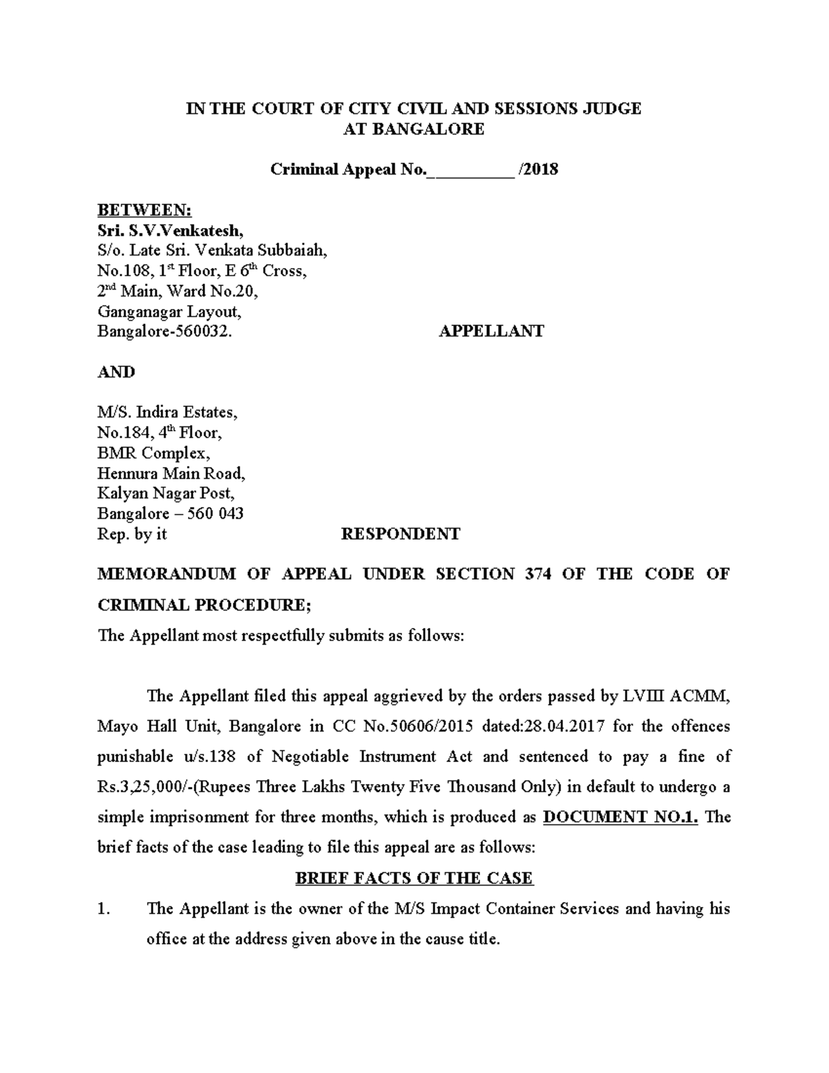 Draft of criminal appeal - IN THE COURT OF CITY CIVIL AND SESSIONS ...