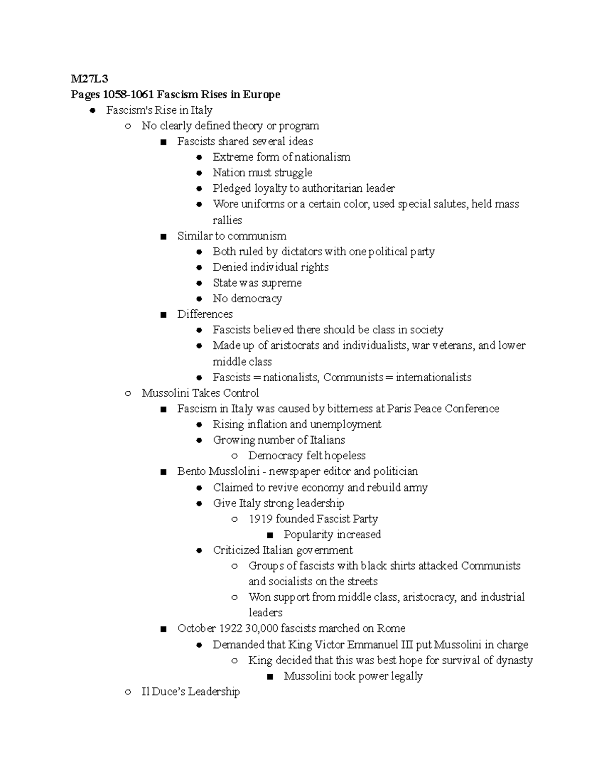 M27L3 - honors world reading notes - M27L Pages 1058-1061 Fascism Rises ...