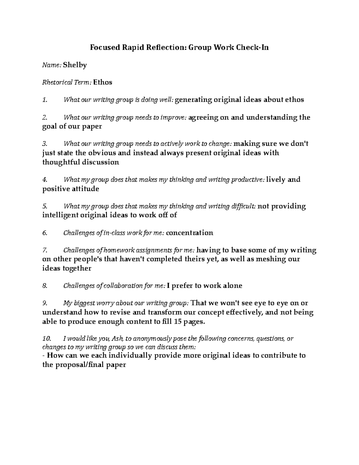 Group Work Reflection - Grade: A - Focused Rapid Reflection: Group Work ...