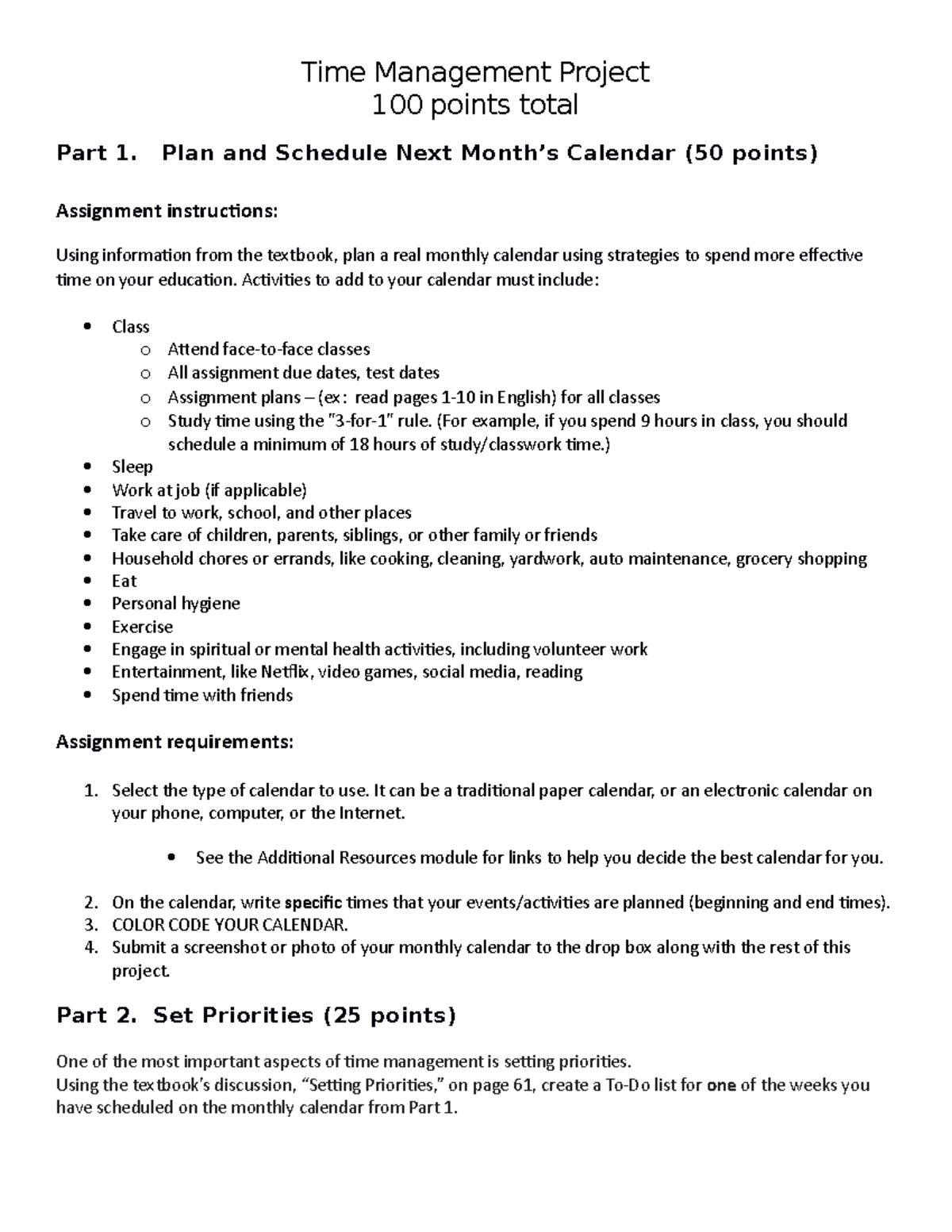 Time Management Project - Plan and Schedule Next Month’s Calendar (50 ...