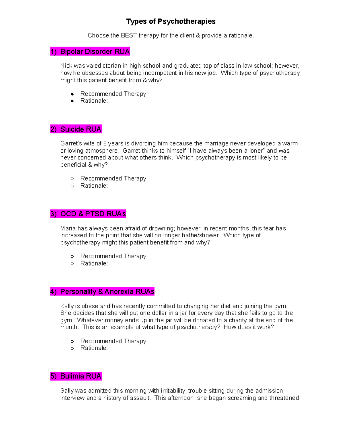 Types of Psychotherapies - Types of Psychotherapies Choose the BEST ...