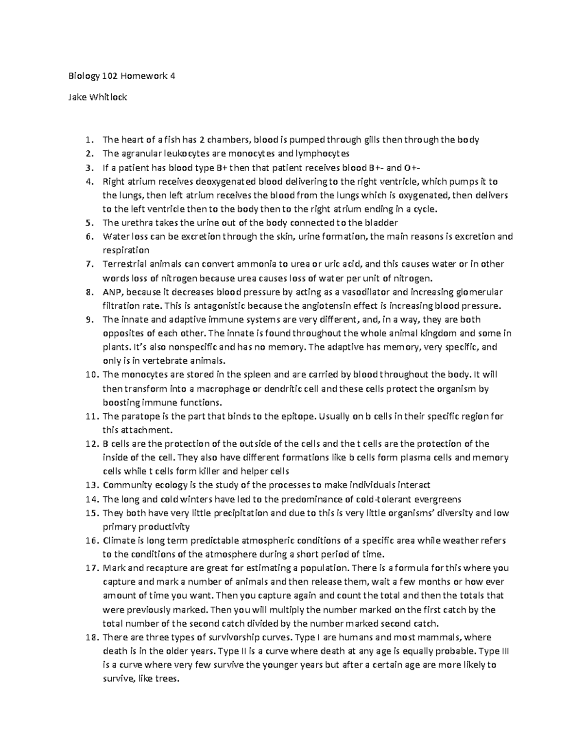 Biology 102 Homework 4 - Work for tests and review guides - Biology 102 ...