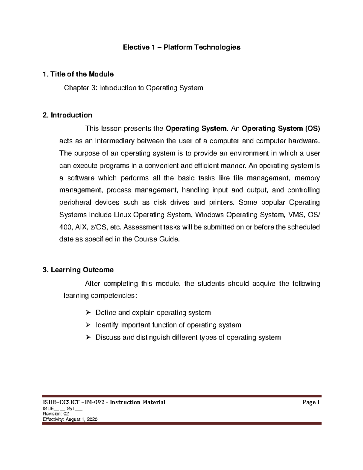 Module 2 week 3 platform technologies pdf - ISUE ISUE__ __ Syl ___–CCSICT – IM-092 - Instruction ...