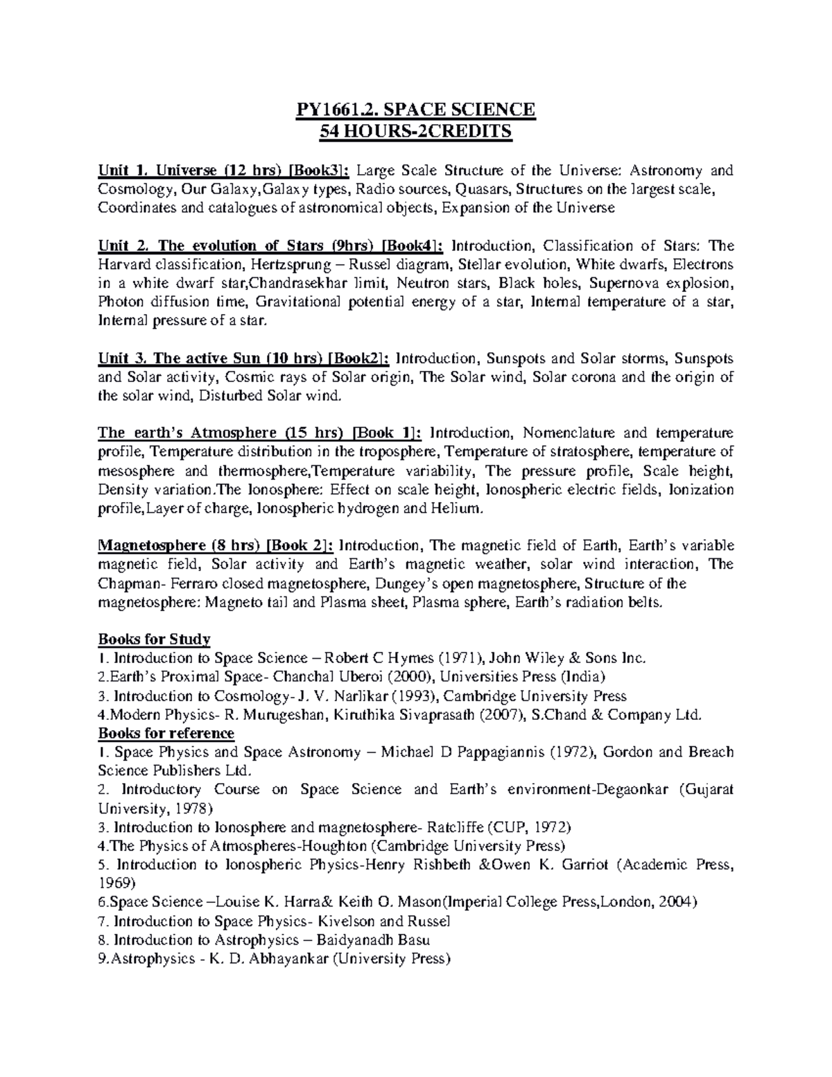 Paper 5 Elective Course PY1661 Space Science - PY1661. SPACE SCIENCE 54 ...