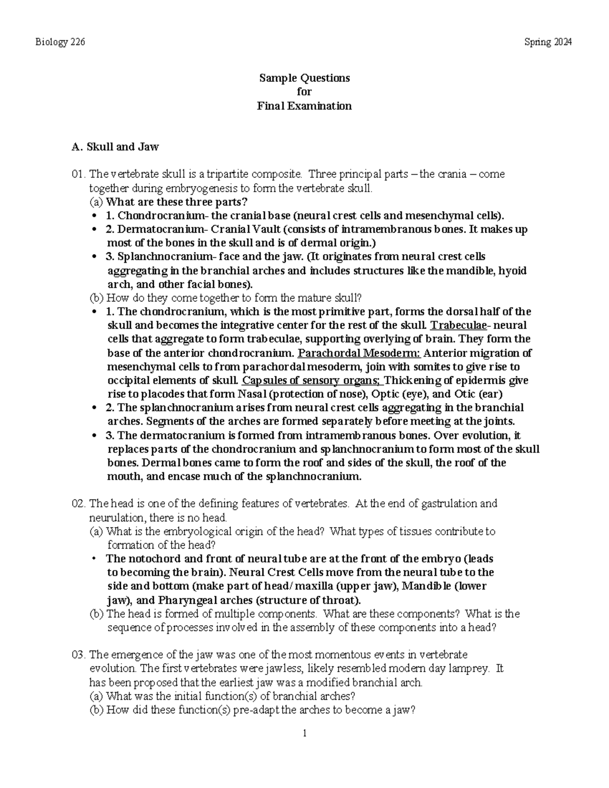 Final Exam Questions - Sample Questions for Final Examination A. Skull ...