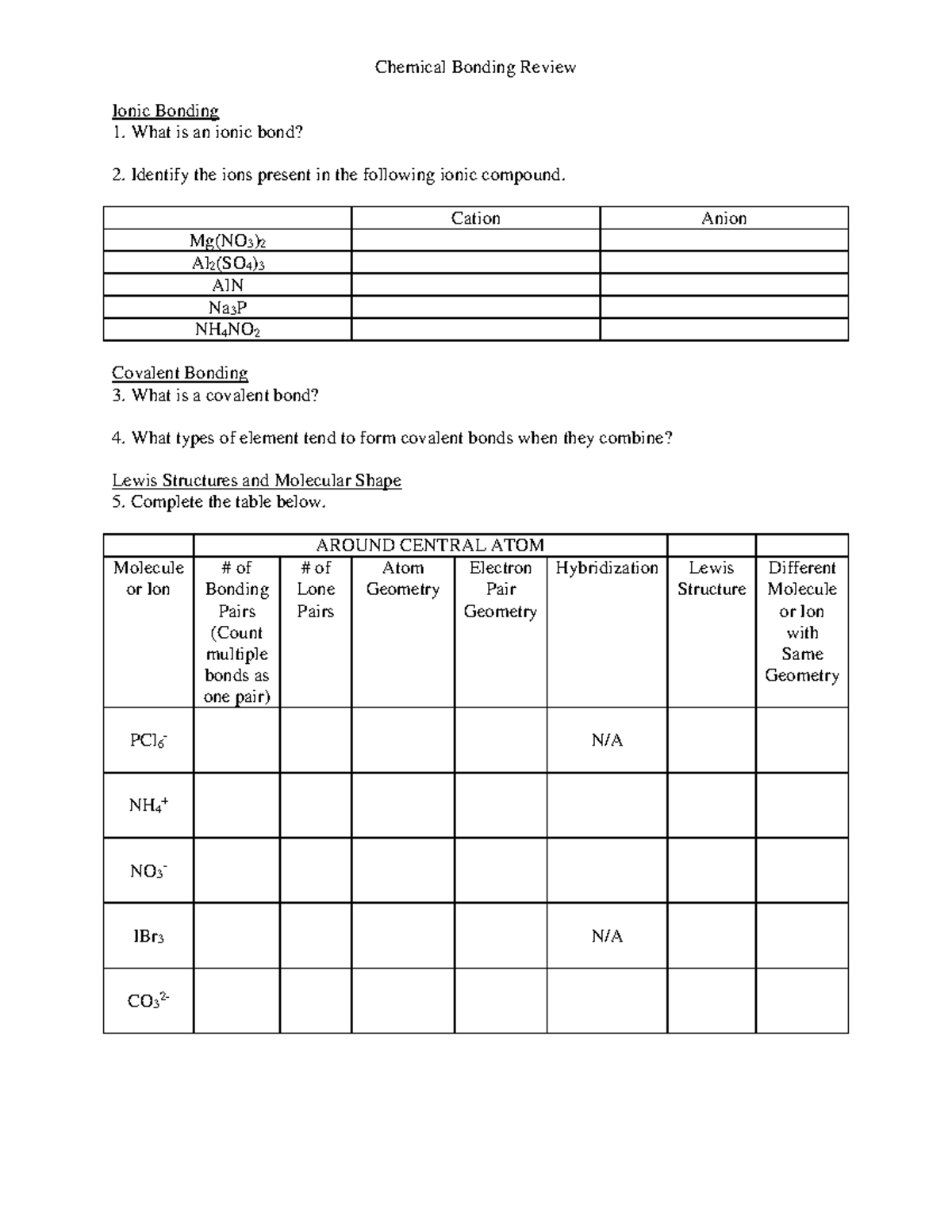 Chemical Bonding Review - Chemical Bonding Review Ionic Bonding What is ...