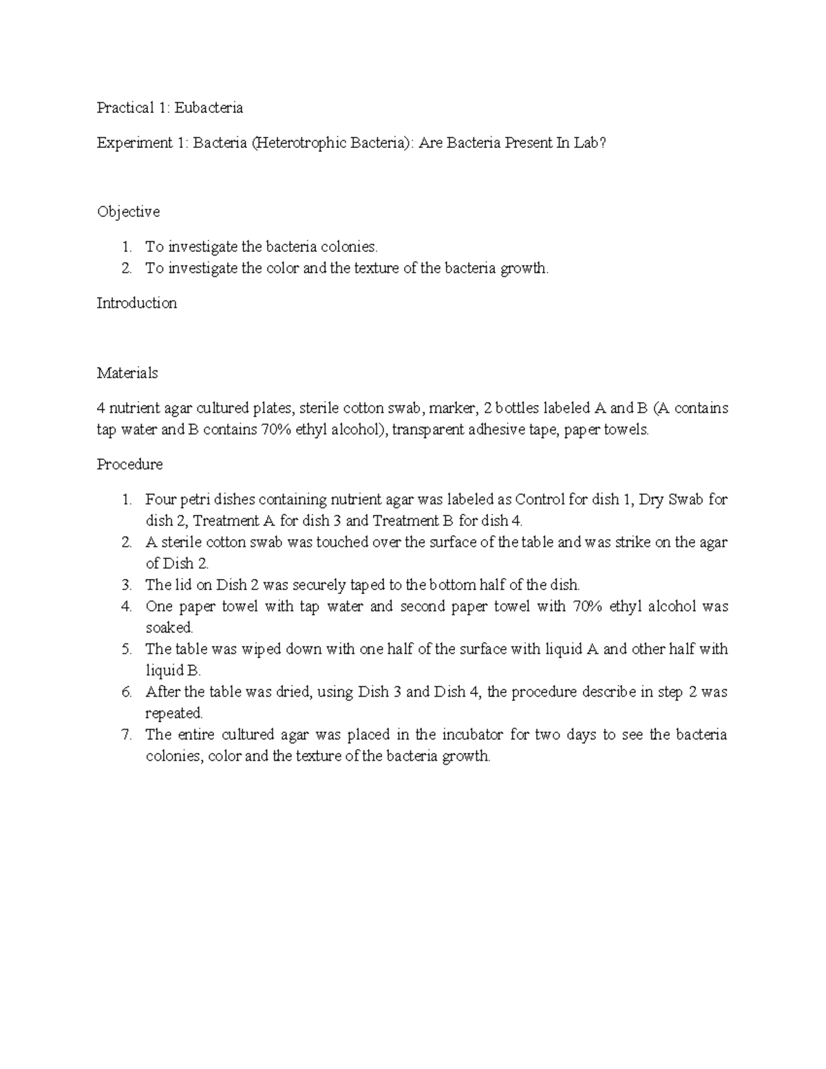 BIO 320 EXP1 - Practical 1: Eubacteria Experiment 1: Bacteria ...