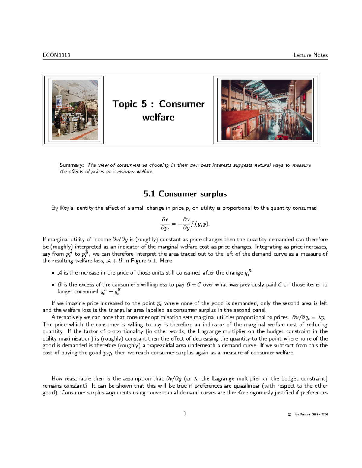 0013 lect5 - Topic 5 : Consumer welfare Summary: The view of consumers ...