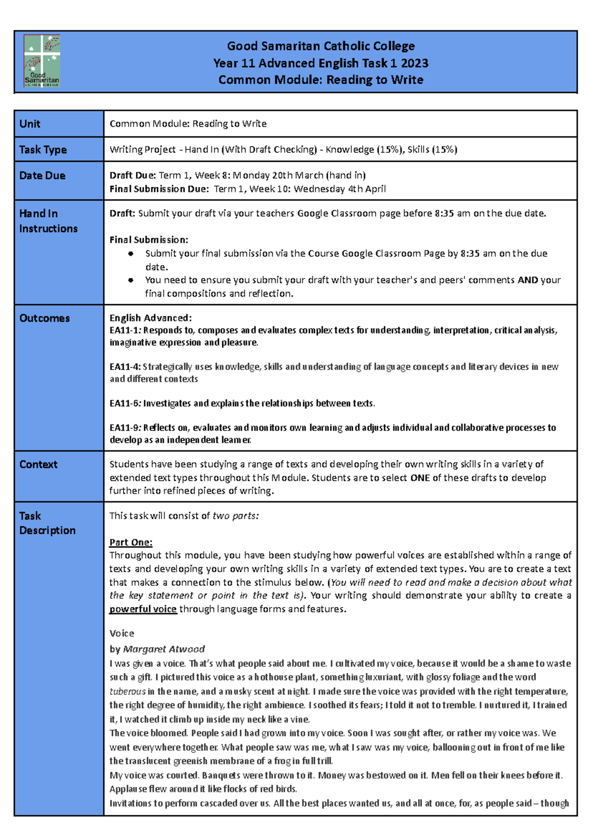 Year 11 Advanced English Task 1 Reading to Write - Good Samaritan ...