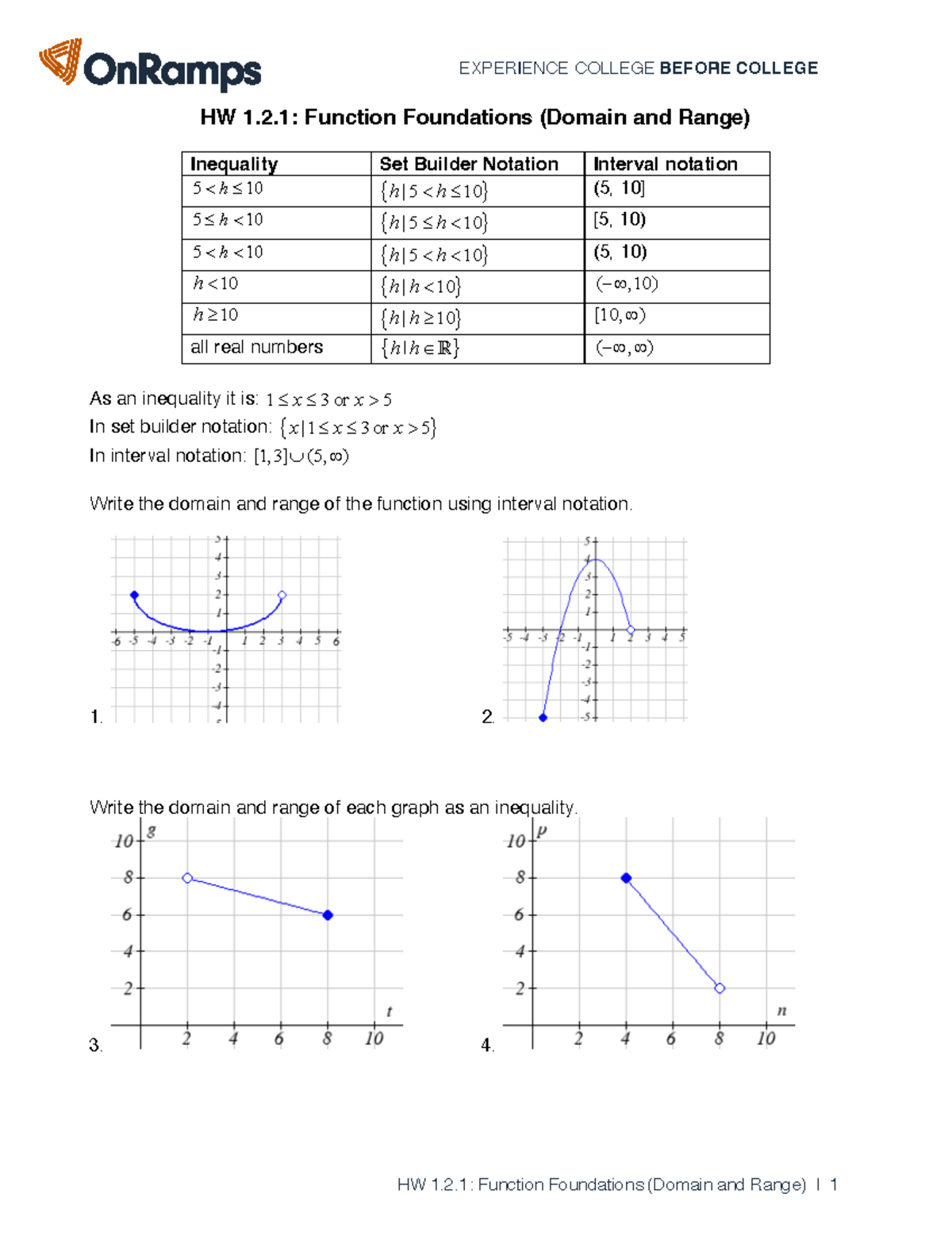 HW 1.2.1 Function Foundations - HW 1.2: Function Foundations (Domain ...