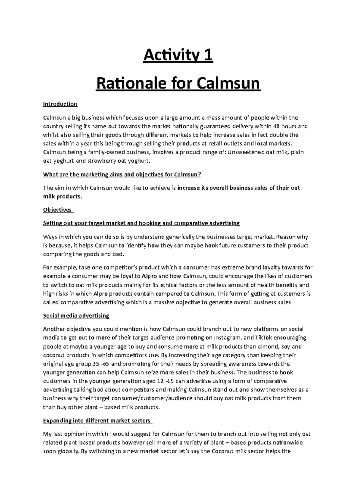 EXAM MOCK - BUSINESS - Activity 1 Rationale for Calmsun Introduction ...