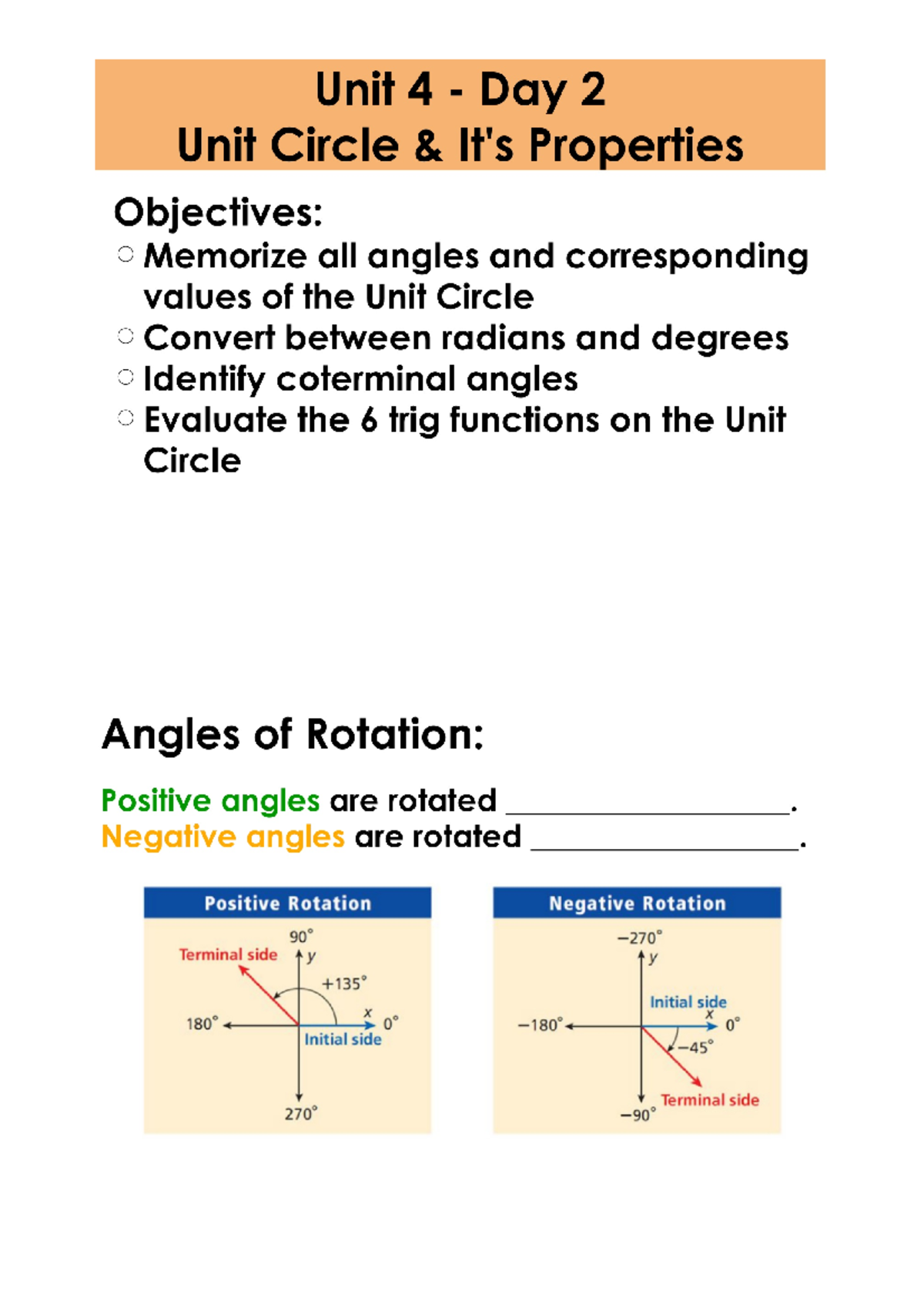 U4.D02 Unit Circle - Unit 4 Day 2 Unit Circle Properties Objectives ...