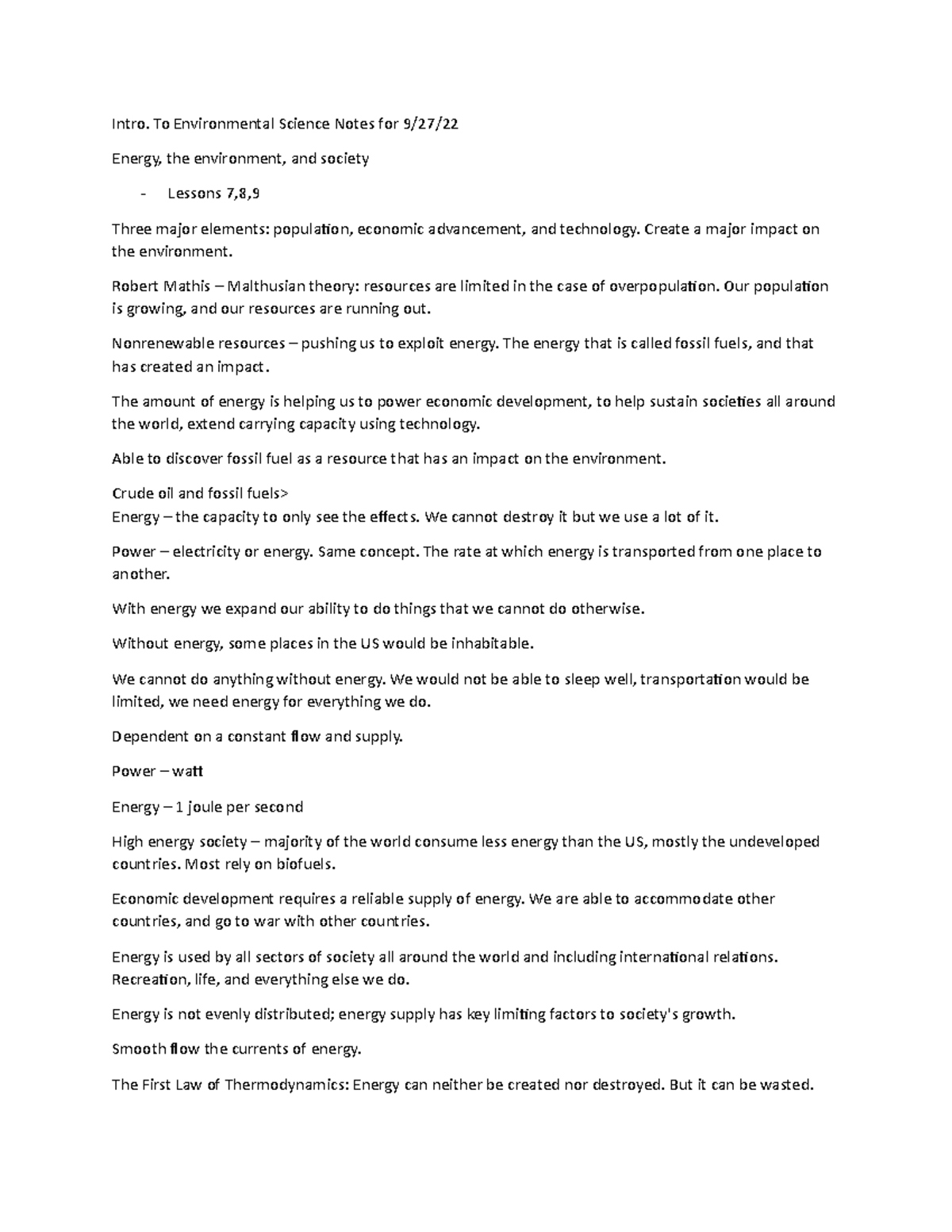 Sept. 27th notes - Intro. To Environmental Science Notes for 9/27 ...