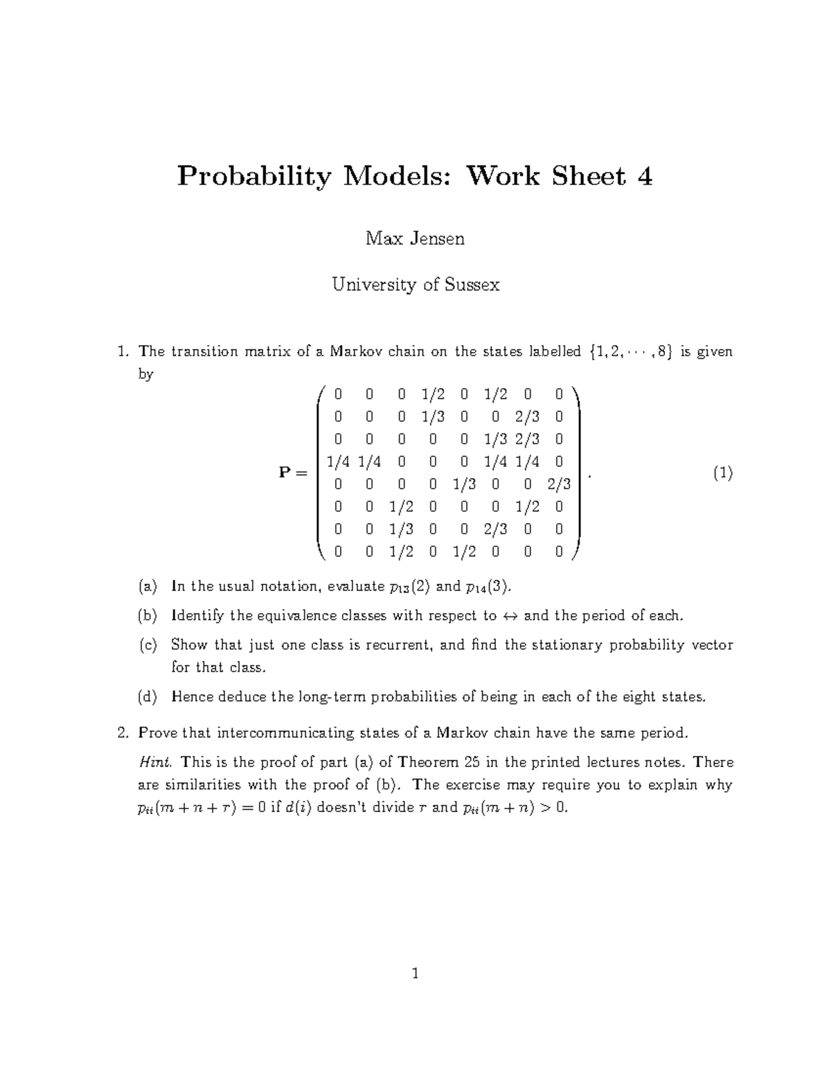 Probability Models Worksheet 4 - Probability Models: Work Sheet 4 Max ...